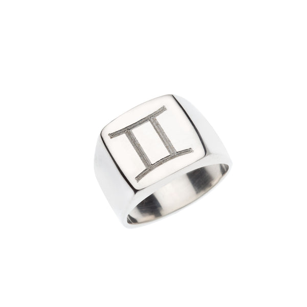 Engraved Zodiac Square Silver Signet Ring - Gemini - Brighton Silver
